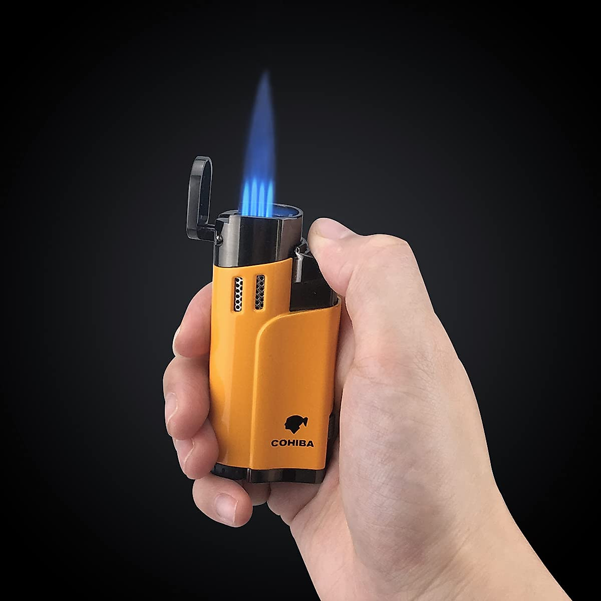Cigar Lighters Torch with Punch 4 Jet Butane Refillbale Lighter Metal Torches Windproof (Yellow)