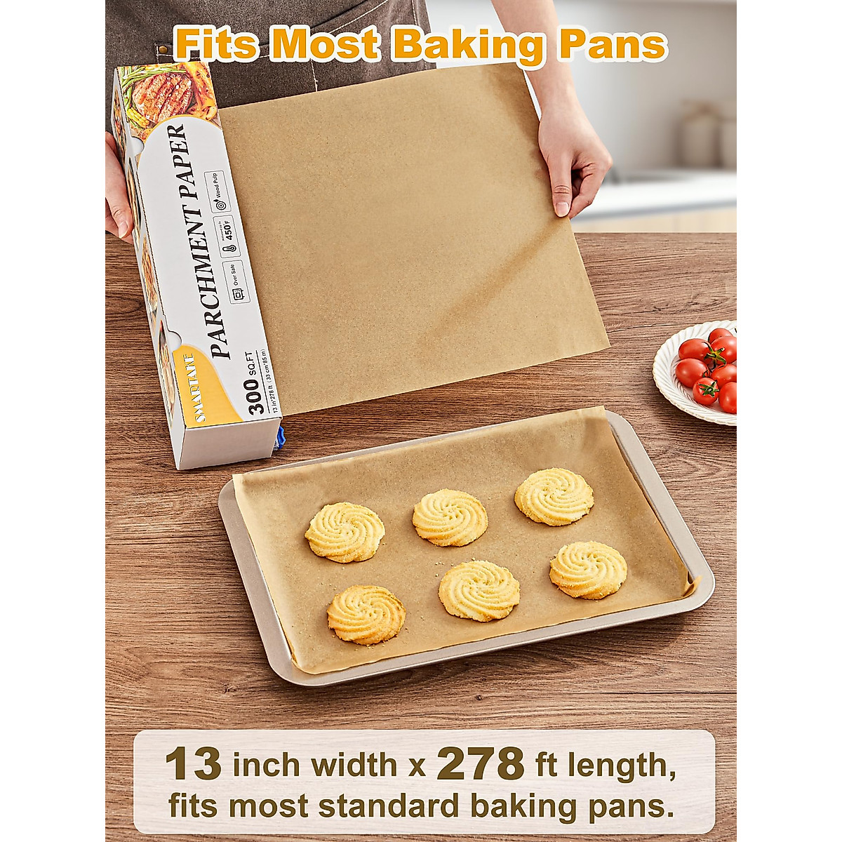 SMARTAKE Parchment Paper Roll for Baking, 13 in x 278 ft, 300 sq.ft, Non-Stick Baking Paper Sheets with Slide Cutter, Heavy Duty Extra Long, for Kitchen Baking Cooking Grilling Steaming, Unbleached