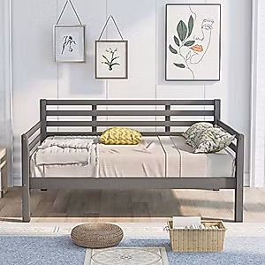 Full Size Wooden Daybed Frame, Dual-use Sturdy Sofa Bed with Wood Slat Support for Bedroom Living Room, No Spring Box Needed for Boys Girls Teens Adults, Under Bed Storage, Space Saving (Gray)