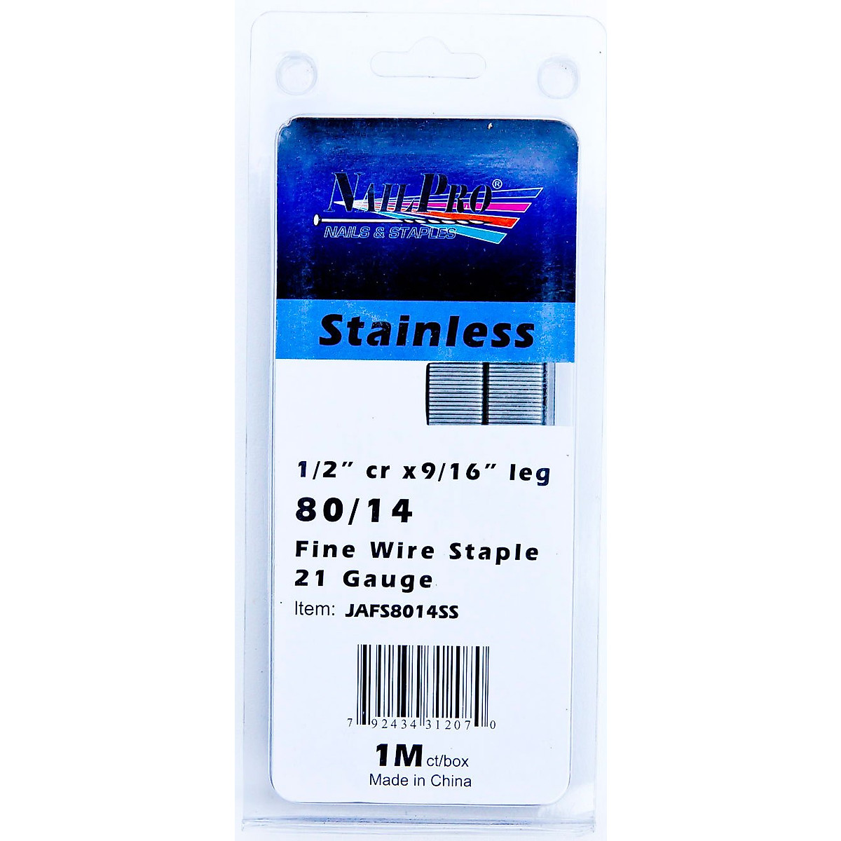 NailPRO 80/14SS 1/2" x 9/16" Leg Crown Stainless Steel Fine Wire Staples, 1000 Count (9/16" Leg)