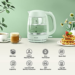 iSiLER 1500W Electric Kettle, 1.7 L Electric Tea Kettle with LED Indicator, Cordless Electric Glass Hot Water Boiler, Portable Teapot Heater Auto Shut-Off & Boil-Dry Protection BPA-Free Green