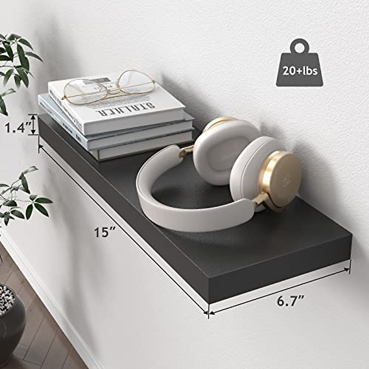 AMADA HOMEFURNISHING Floating Shelves Black, Wall Shelves with Invisible Brackets for Bedroom, Bathroom, Living Room, Kitchen, Set of 3 - AMFS07