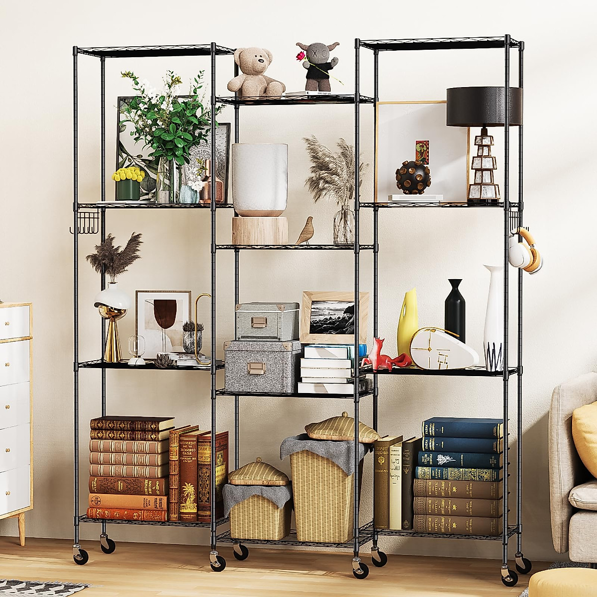 Homdox 6-Tier Wire Storage Rack with Wheels, Skinny Shelf for Small Spaces, Metal Shelves for Storage with Side Hooks, for Pantry Organization, Bathroom, Kitchen, Black