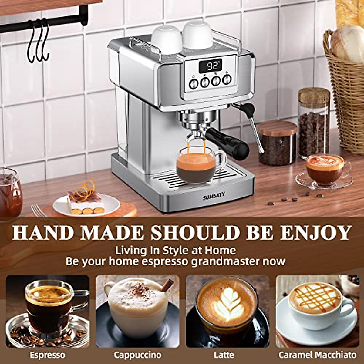 SUMSATY Espresso Machine, Espresso Machine with Milk Frother, Fast Heating Automatic, Latte and Cappuccino Machine, 20 Bar Espresso Maker, Stainless Steel, 1.8L Water Tank