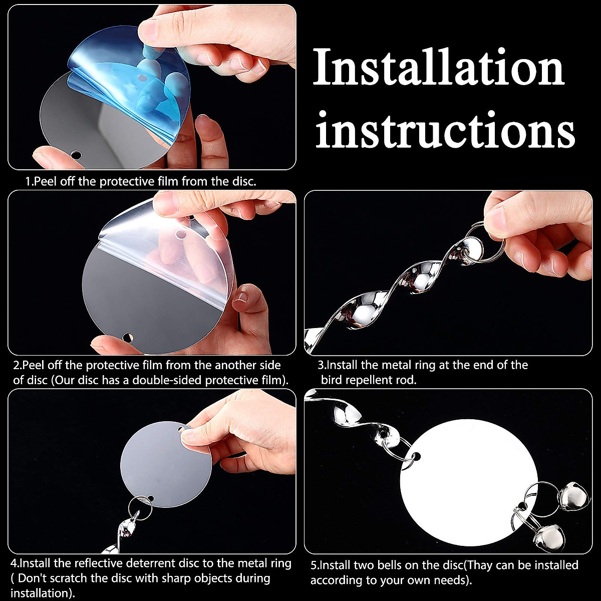 10 Pack Bird Scare Discs Set Silver Spiral Rods with Bells Keep Birds Away from Garden, Fruit Trees, Window, Patio, House