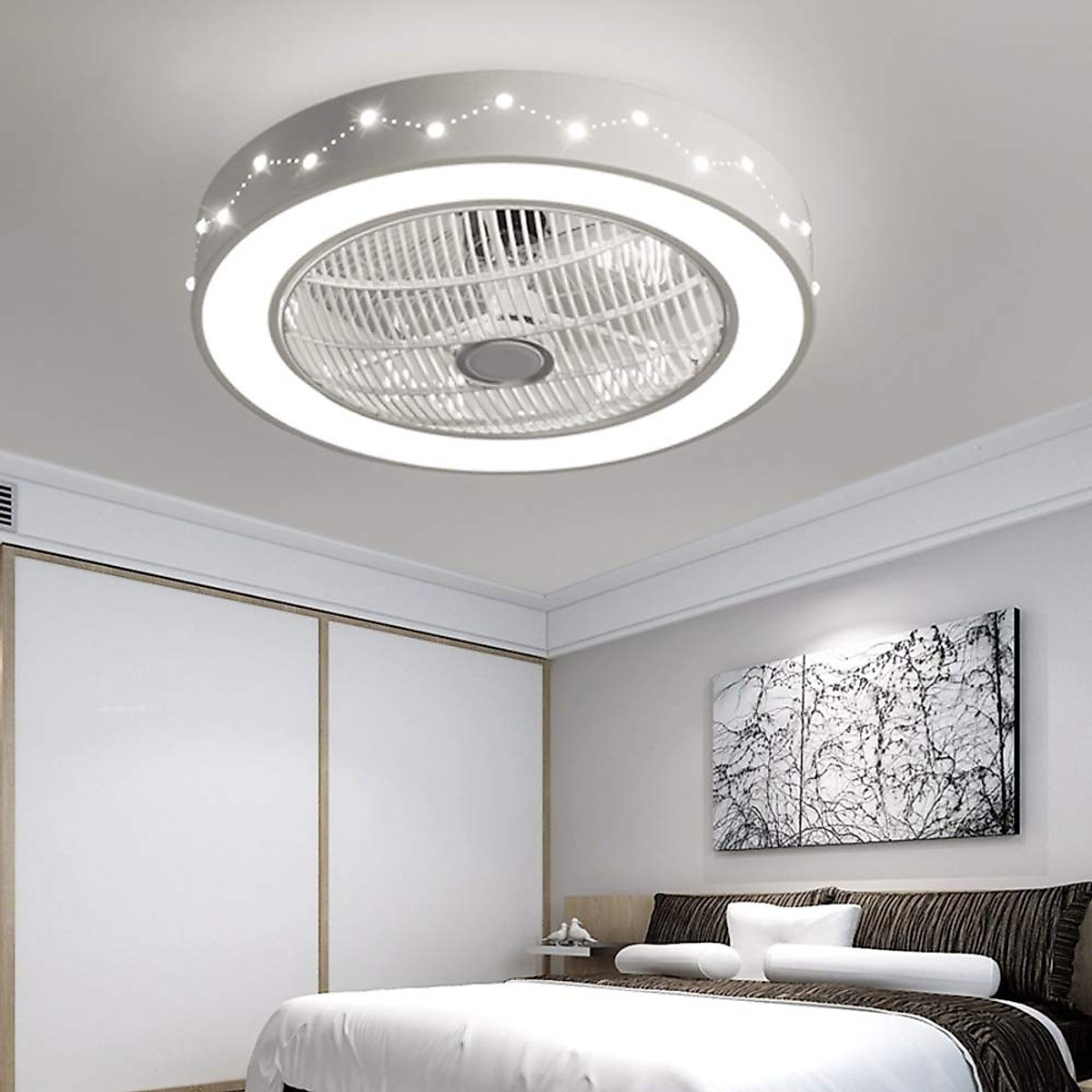 21.6" Ceiling Fan with Lights, Enclosed Round LED Ceiling Lighting Fan w/Invisible Blades,Semi Flush Mount Low Profile Fan W/Remote Control for Bedroom Living Room Children's Room (Constellation)