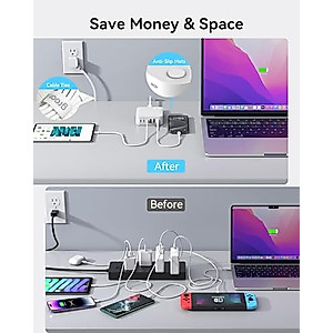 USB C Charger Block, 6 Ports Fast Wall Charger, 130W GaN III Charging Station with PD 45W, Dual PD 20W, 3 USB-A, 3 USB-C, QC, PPS, 6ft Cord, Compatible with iPhone, Galaxy, Pixel, MacBook air White