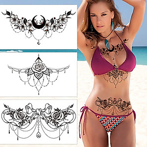 Glaryyears Chest Underboob Temporary Tattoos for Women Adult, 6 Pack Black Fake Realistic Large Long Lasting Creative Removable Tattoo Stickers, Sexy Rose Flower Tramp Stamp Sketch on Body
