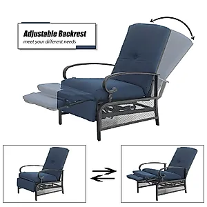 MFSTUDIO Patio Recliner Chair Metal Adjustable Back 2 Pieces Outdoor Lounge Chair with 100% Olefin Cushion (Navy Blue)