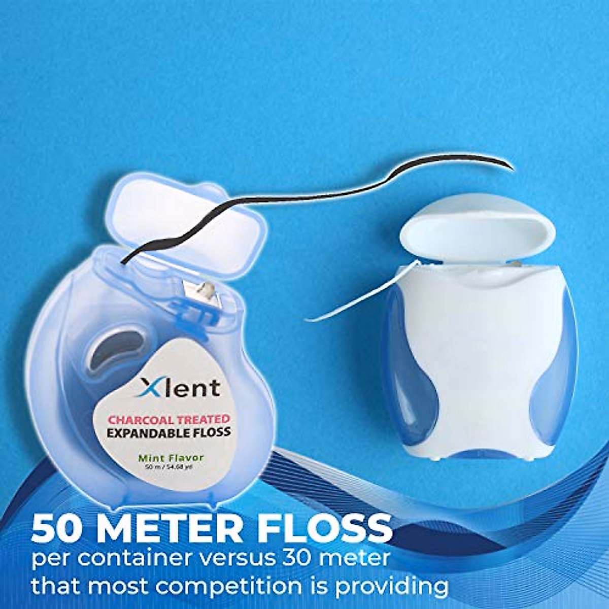 Xlent Expandable Floss Treated Activated Charcoal, Xylitol Natural Based Wax Fresh Mint Flavor | 3 Count (1 50 m Floss Blue Container Plus 2 50 m Refill Bobbins), 3 Count (1 Blister Card+2 Refill)