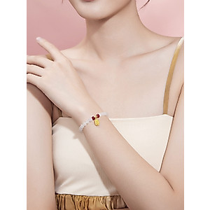 ZHOU LIU FU 24K Solid Gold Bracelets, Real Pure Gold Jewelry White Nephrite Jade Beaded Bracelets Dainty Gold Fortune Plate for Women Men Teen Girls