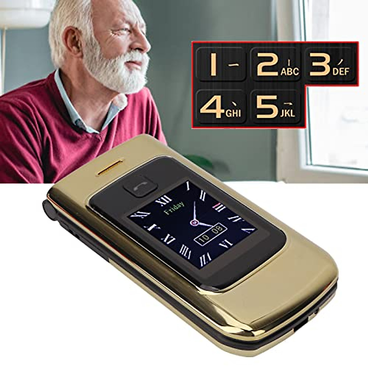 Unlocked Senior Flip Cell Phone, 2G Big Button Hearing Aids Flip Phone for Seniors, 2.4 Inch Display, FM Radio, MP3, MP4, BT, 4800mAh Battery, Dual Card Dual Standby (Gold)