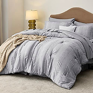 Bedsure Full/Queen Comforter Sets, 7 Pieces Bed in a Bag - Stripes Seersucker Bedding Set with Comforter, Flat Sheet, Fitted Sheet, Pillow Shams, Pillowcases