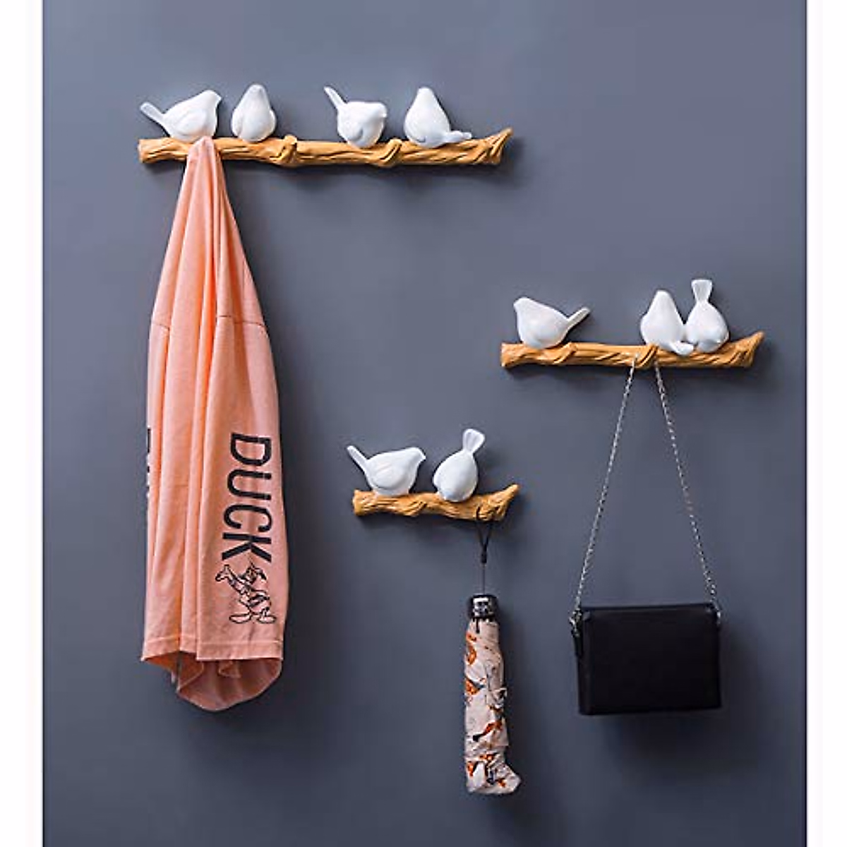 Sweet FanMuLin Resin Decorative Birds On Tree Branch Decor Wall Mounted Coat Rack Art Decor Hanger for Coats/Hats/Keys/Towels/Clothes Storage Hanger (4 Hooks, White)
