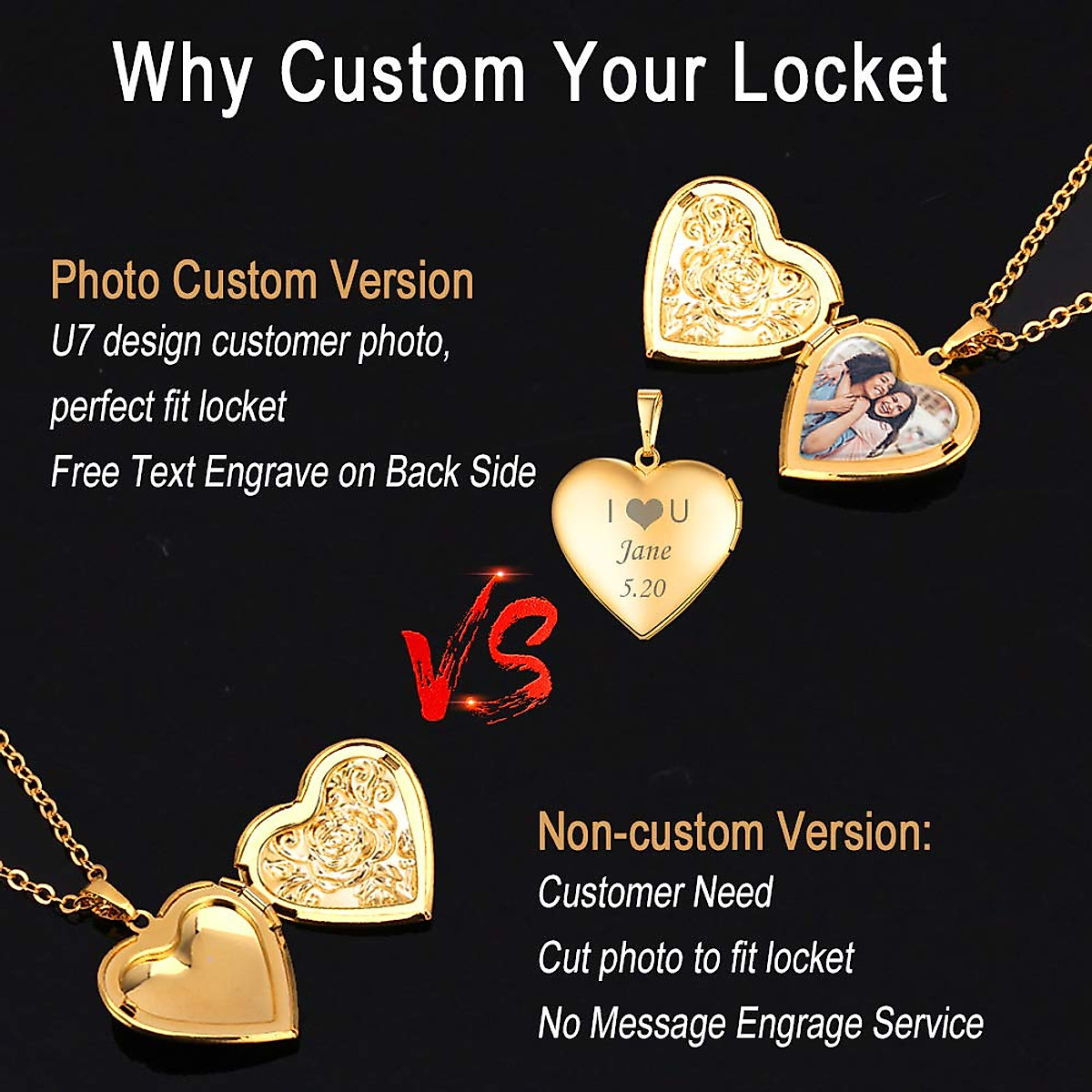 U7 Women Flower Heart Locket That Hold Memorial Photo Platinum Plated Jewelry Rolo Chain Customized Photo and Text Engrave Lockets Pendant