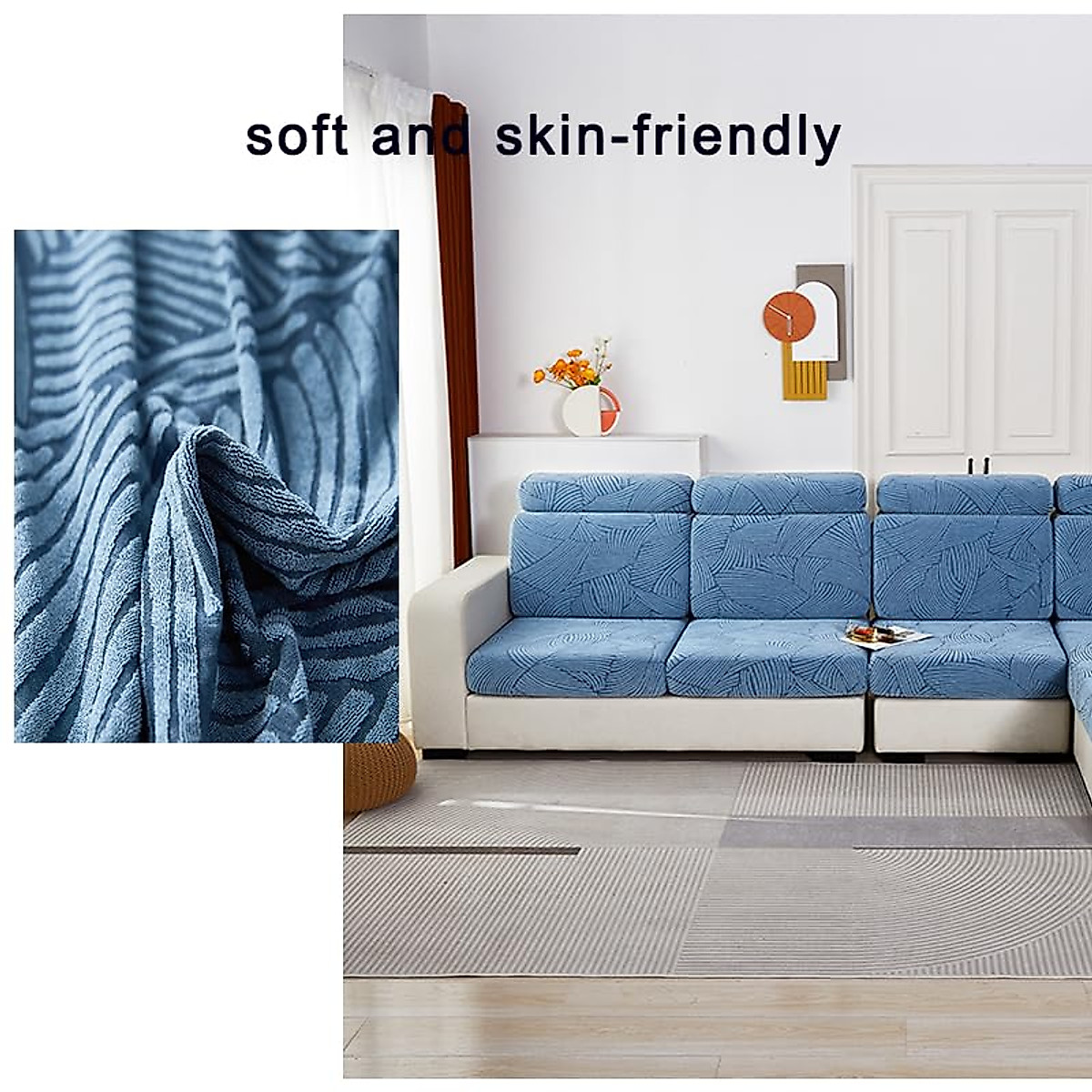 GORHLady Stretch Elastic Fabric Sofa Protector L-Shaped Slipcovers Corner L Shape Sectional Soft Stylish Couch Suitable Living Room Dogs Pets Furniture Protectors All Seasons 4-Seater Blue