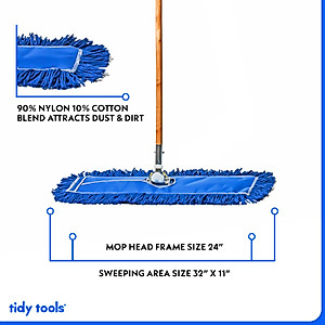Tidy Tools Commercial Dust Mop & Floor Sweeper – 24 x 5 in. Cotton Nylon Reusable Mop Head, 63 in. Wooden Broom Handle – Industrial Dust Mops for Floor Cleaning & Janitorial Supplies, Blue