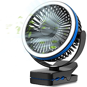OUTXE 6700mAh Rechargeable Clip on Fan with Light, Battery Operated Clip Fan with Hanging Hook, 4 Speeds Portable Desk fan for Treadmill, Golf Cart, Bed, Car Seat, Baby Stroller - Blue