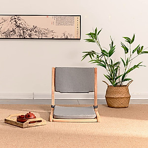 Tatami Chair Accent Furniture,Foldable Meditation Floor Chair, Living Room Chair Floor Seat, Portable Japanese Legless Chair,Lazy Sofa for Bay Window Meditation Reading (Wood Natural + Grey Cushions)