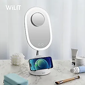 WILIT Vanity Mirror with Lights, Lighted Makeup Mirror with Detachable Magnification Mirror, 8.27 Inch 72 Premium LED Lights, 3 Colors 3 Levels Brightness Desk Cosmetic Mirror with Wireless Charger