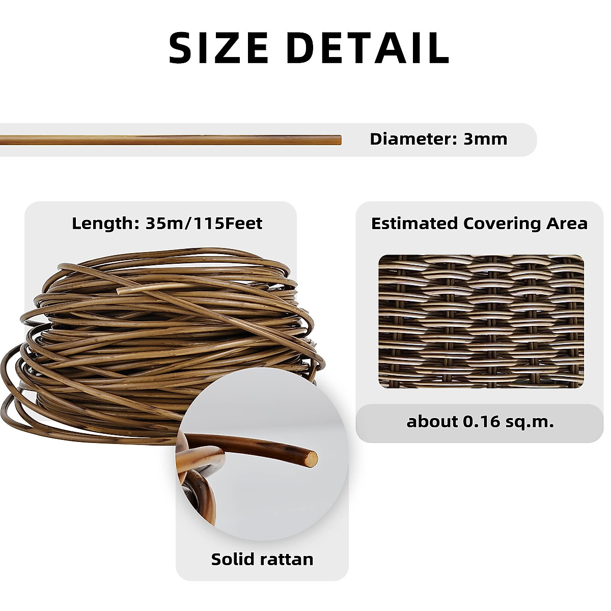 Feyart 35m/115ft 3mm Round Plastic Wicker in Wood Color, Brown Rattan for Repairing Patio Chair Woven Sofa