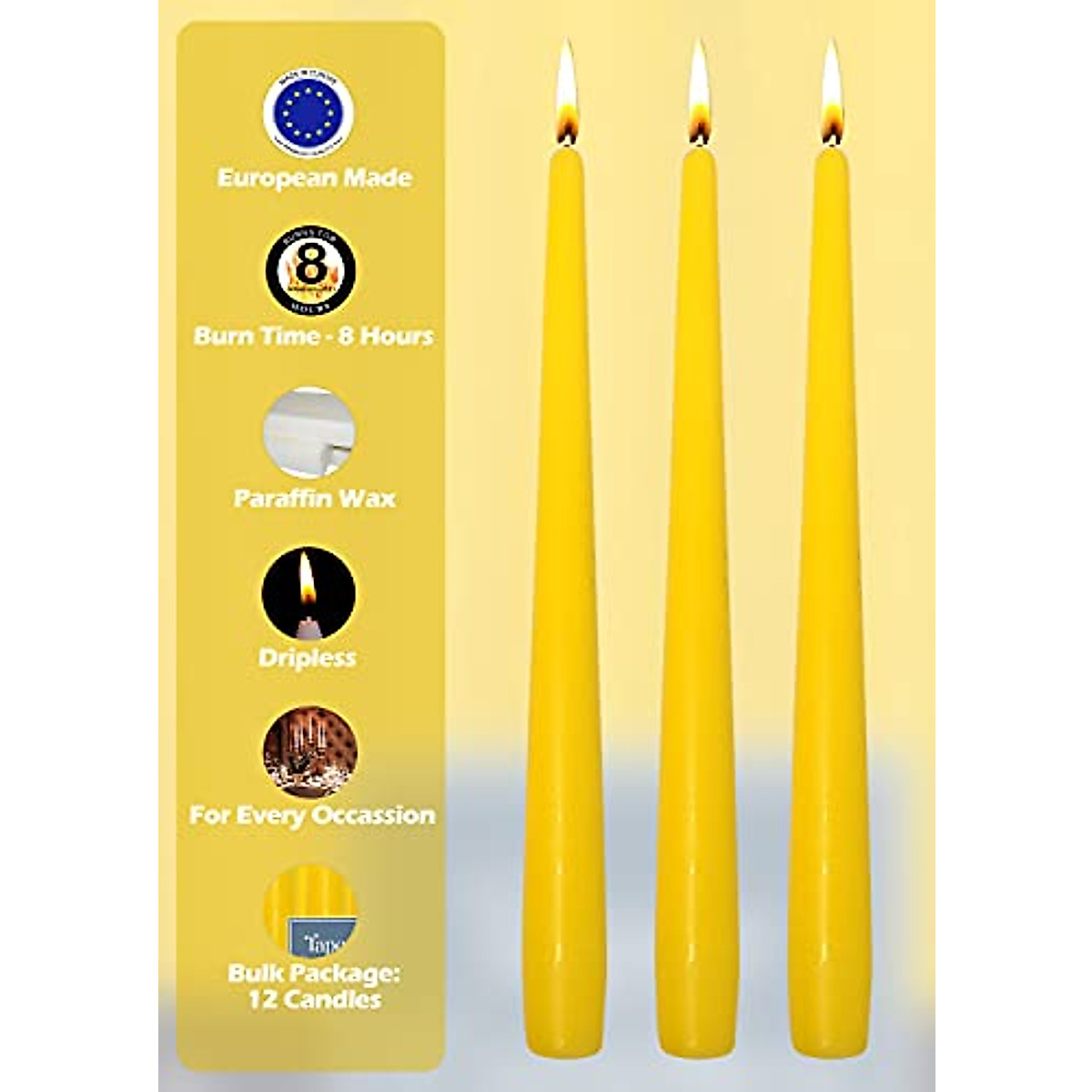 Hyoola Tall Taper Candles - 10 Inch Yellow Unscented Dripless Taper Candles - 8 Hour Burn Time - 12 Pack