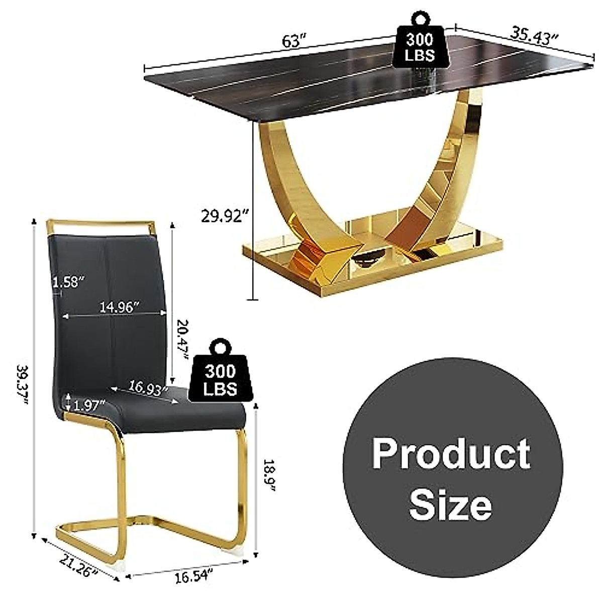 Maotifeys Luxury Black Faux Marble Dining Table Set for 6, Modern Kitchen Table with 6 Black Leather Dining Chairs 7-Piece Dining Table and Chairs for 6 with Polished Gold Metal Legs