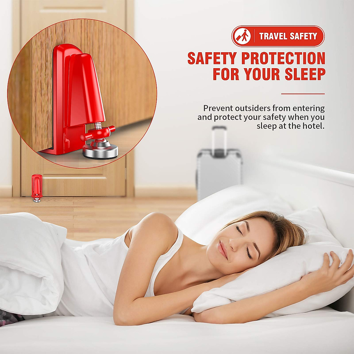 Door Jammer Door Stopper, Portable Door Security Lock for Travel/Apartment/Safety Self Defense/Personal Protection, Aluminum Alloy Anti-Slip Door Lockdown Security Device (Red)