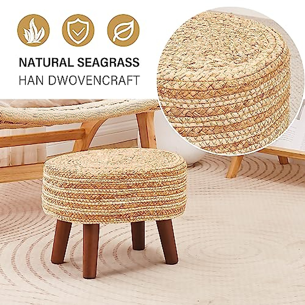 Cpintltr Pouf Ottoman Natural Water Hyacinth Footrest Pouffe Hand Weave Seagrass Boho Ottomans Footstool with Non-Skid Pine Legs for Bedroom Living Room Patio White