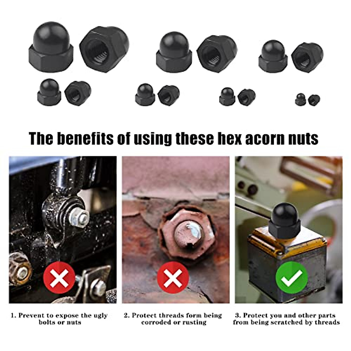 200Pcs Black Nylon Acorn Nut, 7 Sizes Hex Acorn Cap Nuts M3 M4 M5 M6 M8 M10 M12 Nylon Female Thread Bolt Cover Cap Dome Nuts for Protecting Hexagon Shaped Threads Rods Studs and Bolts
