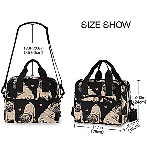 Sinestour Insulated Lunch Bag Reusable Cooler - Pug Puppies And Pink Hearts Lunch Box Adjustable Shoulder Strap for School Office Picnic Adults Men Women