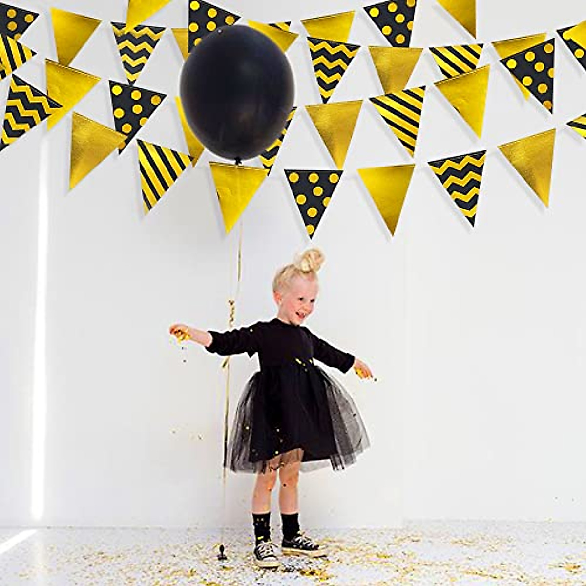 39 Ft Black Gold Triangle Pennant Banner Metallic Foil Polka Dot Stripe Paper Flag Bunting Garland Streamer for Birthday Anniversary Graduation Wedding Bridal Shower Party Decorations Supplies
