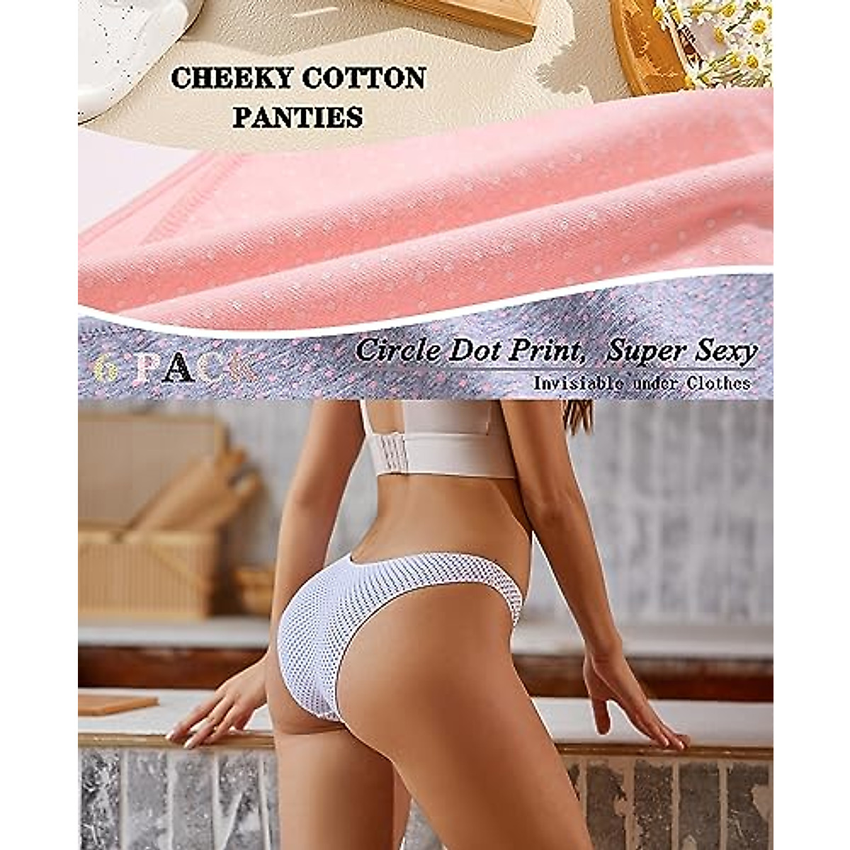 Knowyou Womens Underwear Cotton Cheeky Panties for Women Cute Stretch Bikini Breathable Panties for Ladies 6Pack