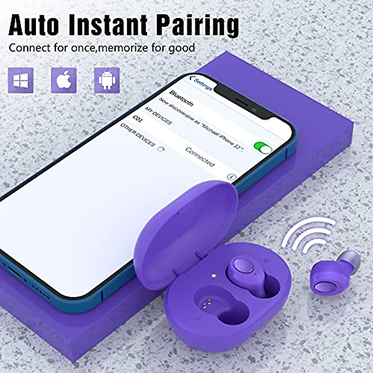 Bluetooth Earbuds, jaroco Wireless Earbuds in-Ear with Charging Case Easy-Pairing Stereo Calls/Built-in Mic 18H Playtime (Purple)