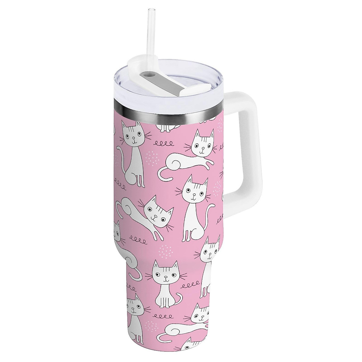 Cute Cat Cartoon Pink Tumbler with Handle and Straw Lid, Animal 40 oz Insulated Coffee Cup Stainless Steel Water Bottle Travel Mug Cupholder Friendly,Gifts for Women Men