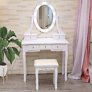 JoanKaren Vanity Desk, Vanity Mirror with Lights and Table Set with 5 Drawers, Wood Makeup Dressing Table with Oval Mirror & Stool,3 Lighting Modes Brightness Adjustable for Bedroom Women Girls,White