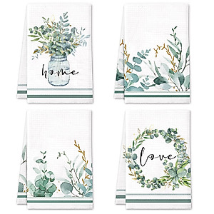 Lebsitey Green Eucalyptus Leaf Kitchen Towels, 4 Pack Love Sweet Home Quotes Eucalyptus Wreath Tea Dish Towels, Absorbent Drying Cloth Tea Towels for Cooking Baking,16×24IN (Green Leaves Towels)