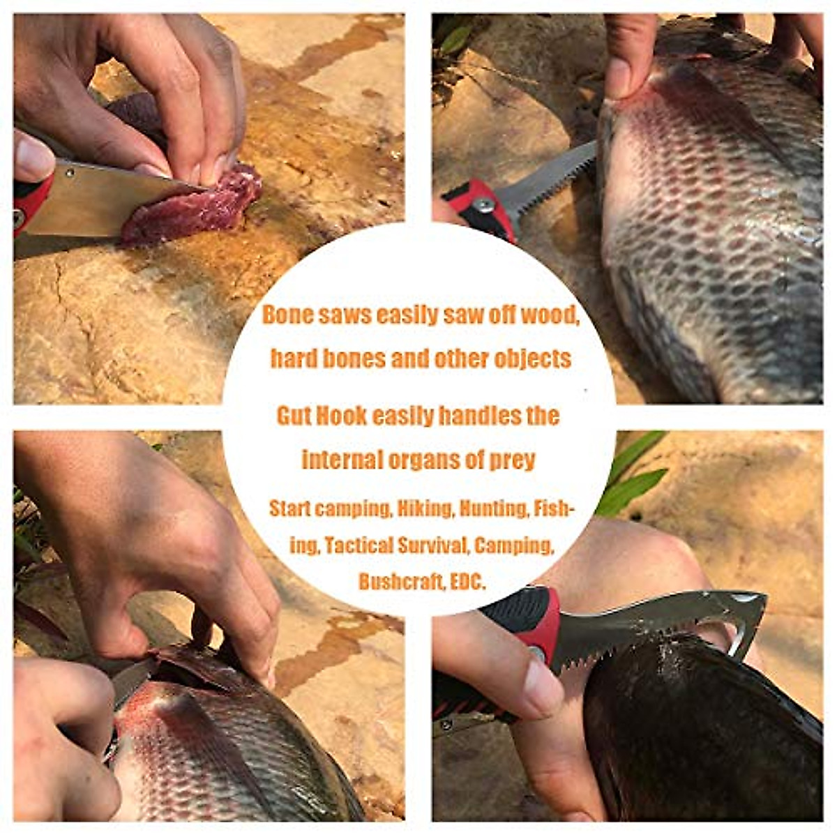 8.8in Survival Knife Outdoor Jungle Knives 9CR18 German High Carbon Steel Drop Point Tactical Knife Bone Saw Gut Hook LED Light 4 in 1 Knives with Nylon Sheath Red Black