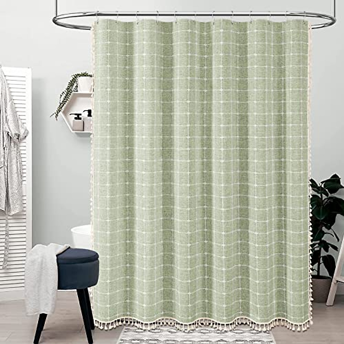 BTTN Boho Farmhouse Shower Curtain, Linen Rustic Heavy Duty Fabric Shower Curtain Set with Tassel, Water Repellent, Bohemian Vintage Country Thick Cloth Shower Curtains for Bathroom, Sage Green, 72x72