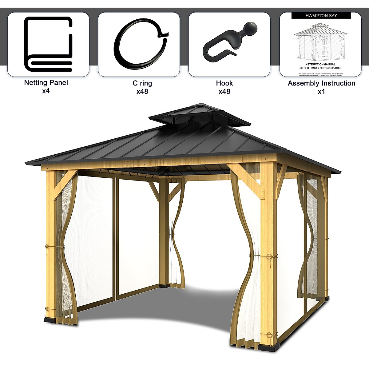 10-ft x 10-ft Gazebo Netting Replacement,Universal 4-Panel Mosquito Netting for Gazebo with Zippers(Only Netting)-Beige