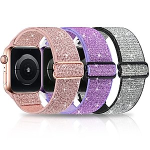 3 Pack Shiny Bands Compatible with Apple Watch Band for Women 38mm 40mm 41mm, Nylon Stretchy Straps for iWatch Series 9 Ultra SE 8 7 6 5 4 3 2 1
