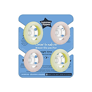 Tommee Tippee Breast-like Night Pacifier, 0-6 Months with Breast-like Shape and Glow in The Dark Technology, 4-Count, Pink/Yellow