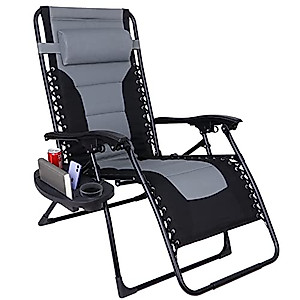 F2C Padded Zero Gravity Chair, Adjustable Foldable Patio Reclining Lounge Chair with Headrest Pillow Side Cup Holder Tray for Outdoor, Deck, Patio, Beach Yard Poolside, Black Gray…