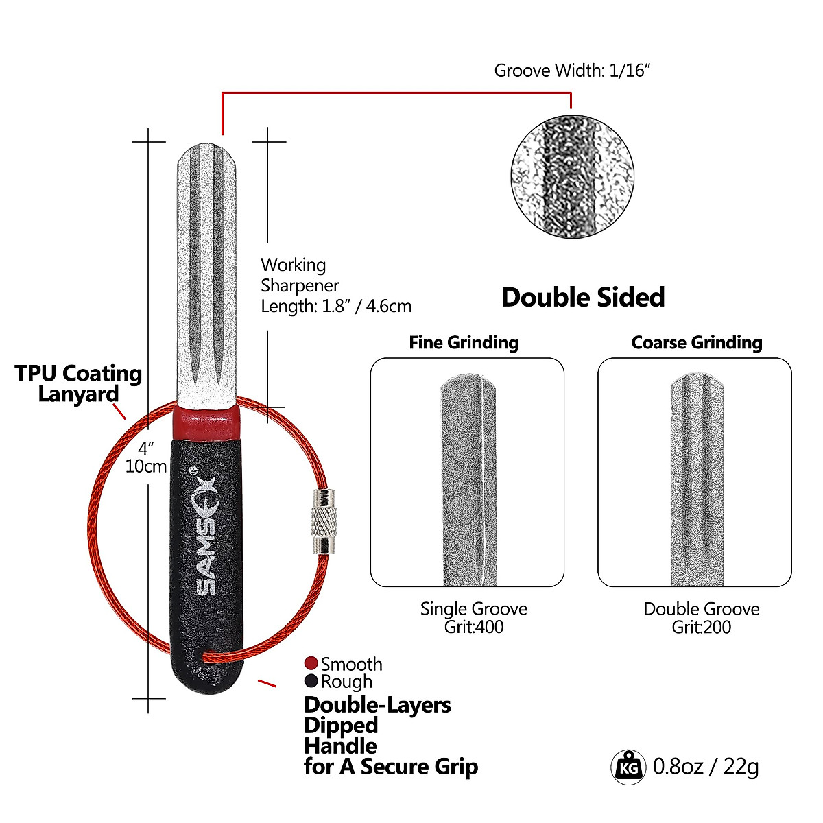 SAMSFX Fishing Hook Sharpener Hook File Portable Grinding Tool with Double Sided Fine and Medium Grit Fly Fishing Tools, 4inch (Black & Red Handle)