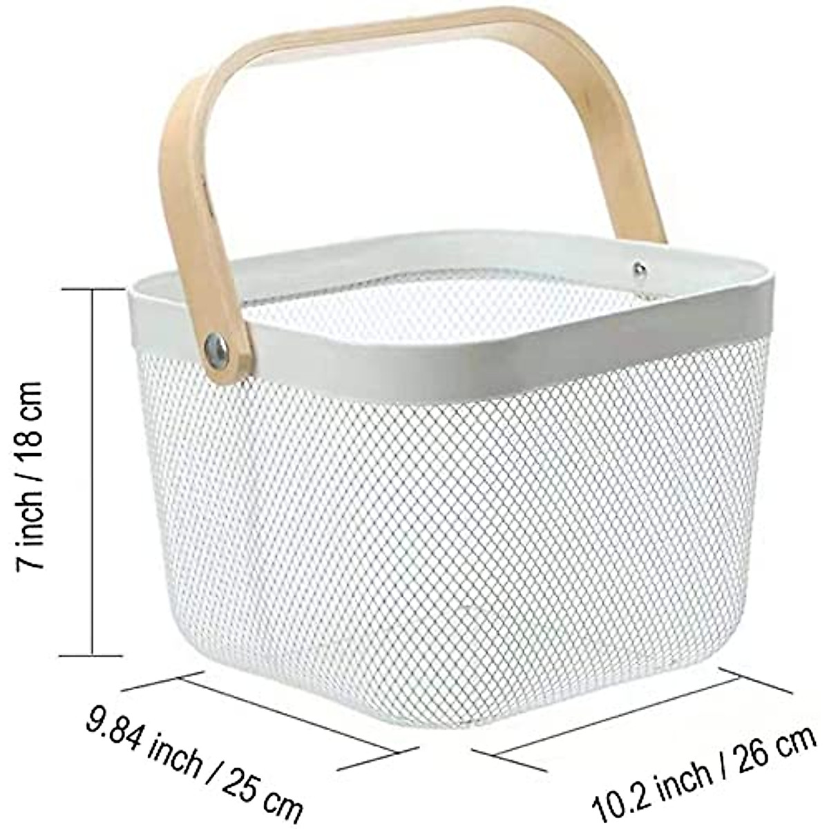 AJIODA 2 Pack Metal Mesh Steel Basket, Storage Organizer Basket Multi-function Hanging Kitchen Baskets Fruit Basket Bin with Wood Handle for Kitchen Bathroom Picnic Cabinet Home Decor, White