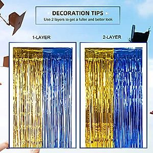 LOLStar 1 Pack Blue and Gold Graduation Party Decoration 2023, 3.3x6.6 ft Foil Fringe Curtains, Tinsel Backdrop, Graduation Photo Booth Prop Streamer Backdrop for High School College University Party