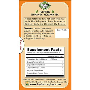 Herbal Cup Ayurveda Turmeric Tea, Organic Cinnamon Moringa, No Caffeine Herbal Supplement (16 Count, Pack of 1)