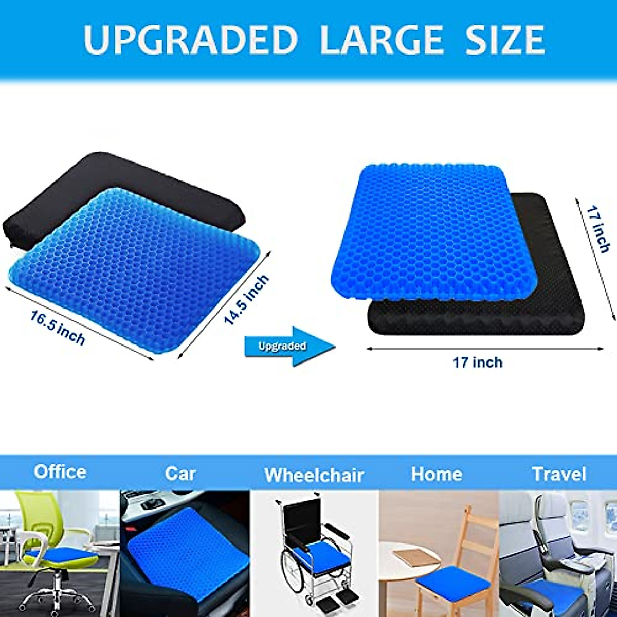 Helishy Gel Enhanced Seat Cushion - 17.5x17.5inch Extra Large Double Thick Seat Cushion with Non-Slip Cover for Tailbone Pain - Office Chair Car Seat Cushion - Sciatica & Back Pain Relief