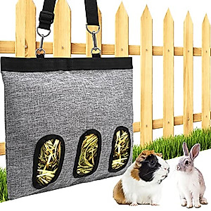 Guinea Pig Hay Bag Rabbit Feeding Bag, Rabbit Hay Feeder, 3 Holes Small Animal Hay Feeder Bag Hanging Feeder Bag Storage Strap for Chinchilla Hamster Rabbit Guinea Pig Small Pets (Grey)
