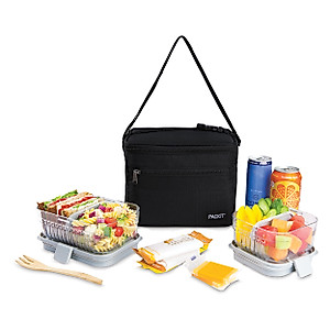 PackIt Freezable Essential Cooler, Black, Built with ECOFREEZE Technology, Fully Freezable, Collapsible, Reusable, With Removable Crossbody Strap, Top Clip Handle, Designed for Fresh Office